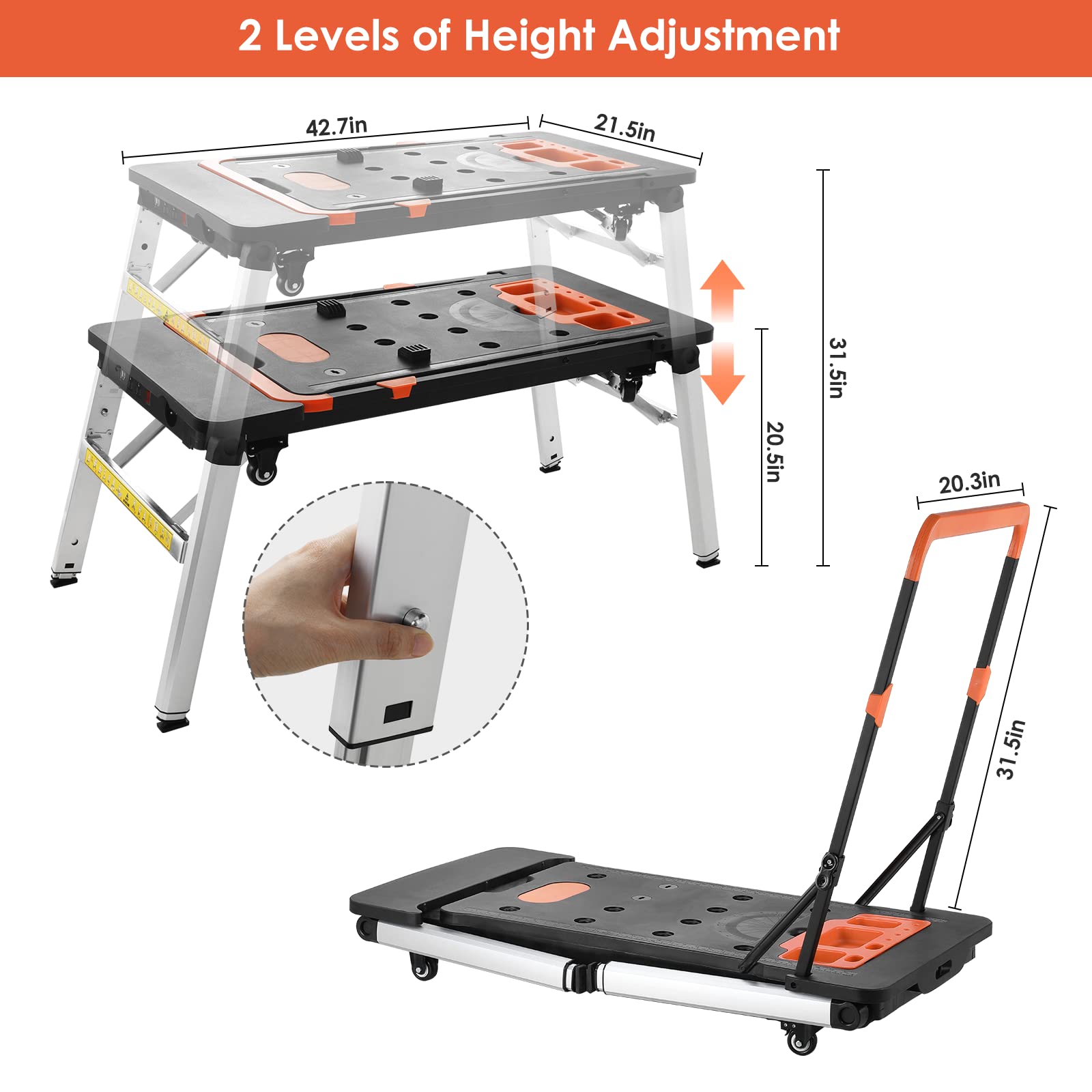 TLGREEN Multifunctional Folding Work Table, 7 in 1 Work Benches for Garage, as Portable Workbench, Sawhorse, Scaffold, Platform, Car Creeper, Dolly and Hand Truck, with 4 Wheels