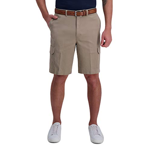 Haggar Men's Flat Front Solid Stretch Cargo Short, Khaki, 36
