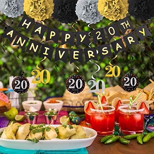 Yoaokiy 20th Anniversary Decorations Supplies Kit - Including Glitter Happy 20th Anniversary Banner, 9Pcs Hanging Swirl, 6Pcs Poms - 20th Wedding Anniversary Party Decorations Photo Propsā¦