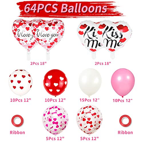 Valentines Day Decorations, 64Pcs Pink White Heart Print Balloons Heart Confetti Balloons Foil Balloons for Valentines Day Proposal Engagement Wedding Party Decorations