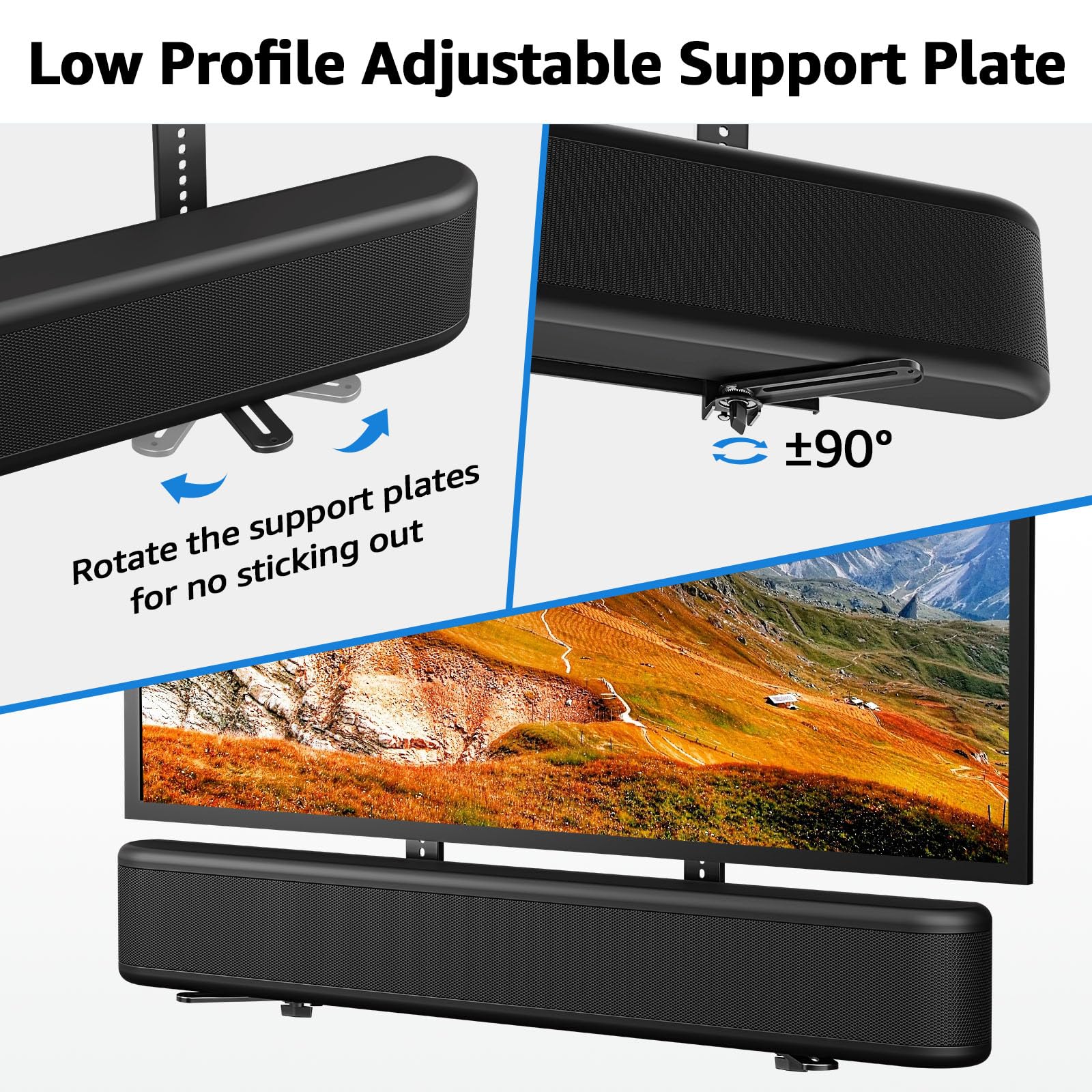 MOUNTUP Universal Soundbar Mount Sound bar Bracket for Mounting Above or Under TV,Low Profile Adjustable Shelf with 6.5" Fits Most Soundbar with Holes/Without Holes up to 15LBS for Saving Space MU9121