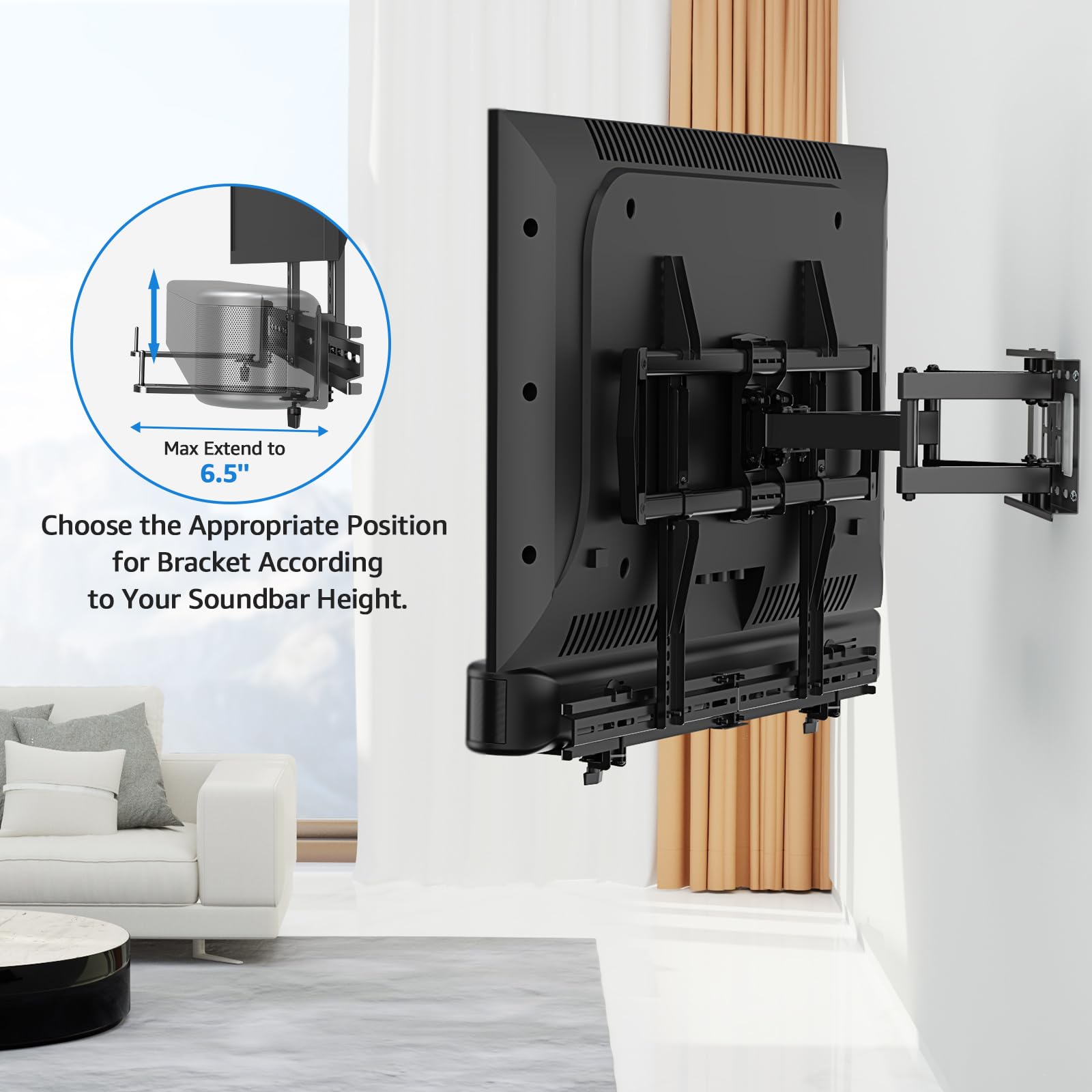 MOUNTUP Universal Soundbar Mount Sound bar Bracket for Mounting Above or Under TV,Low Profile Adjustable Shelf with 6.5" Fits Most Soundbar with Holes/Without Holes up to 15LBS for Saving Space MU9121