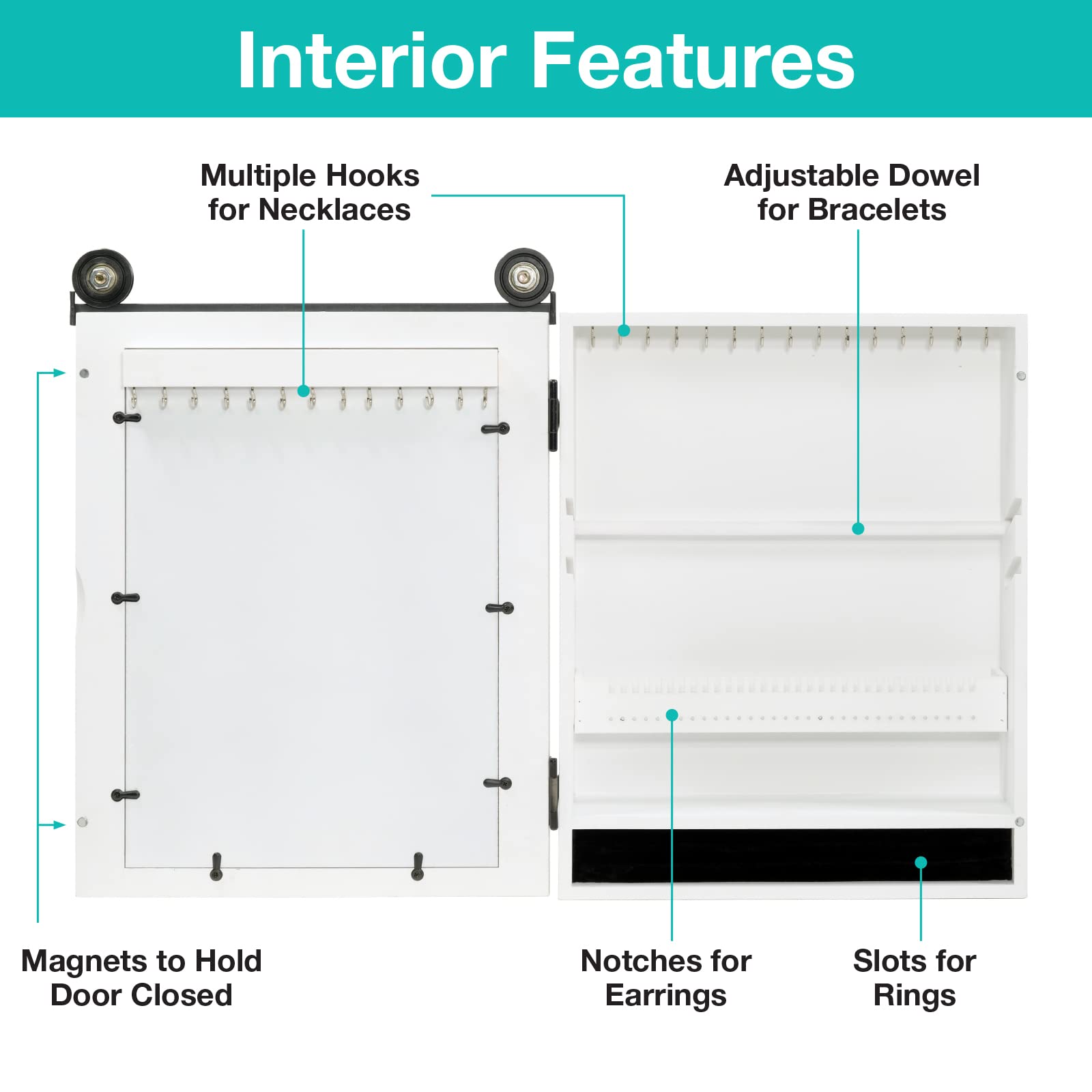 Barndoor Picture Frame Jewelry Organizer - Holds Four 4x6" Photos (White)