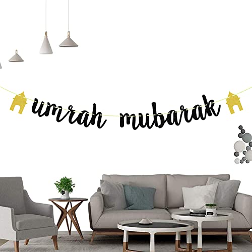 Umrah Mubarak Banner Eid Mubarak Banner Gold GlitterEid Mubarak Decorations | Eid Mubarak Party Decorations Supplies Eid Mubarak Party Decorations(Gold and Black)