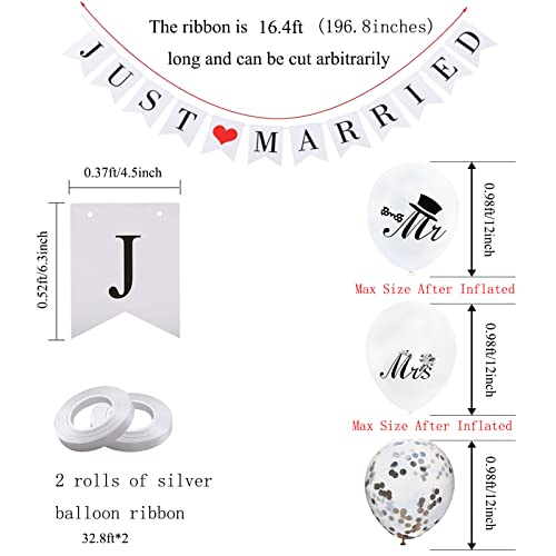 Just Married Car Decorations, JUST MARRIED Banner Wedding Bunting, Mr and Mrs Balloons, White Wedding Balloons, Rustic Wedding Backdrops for reception, Photo Booth Props Bridal Shower Decoration