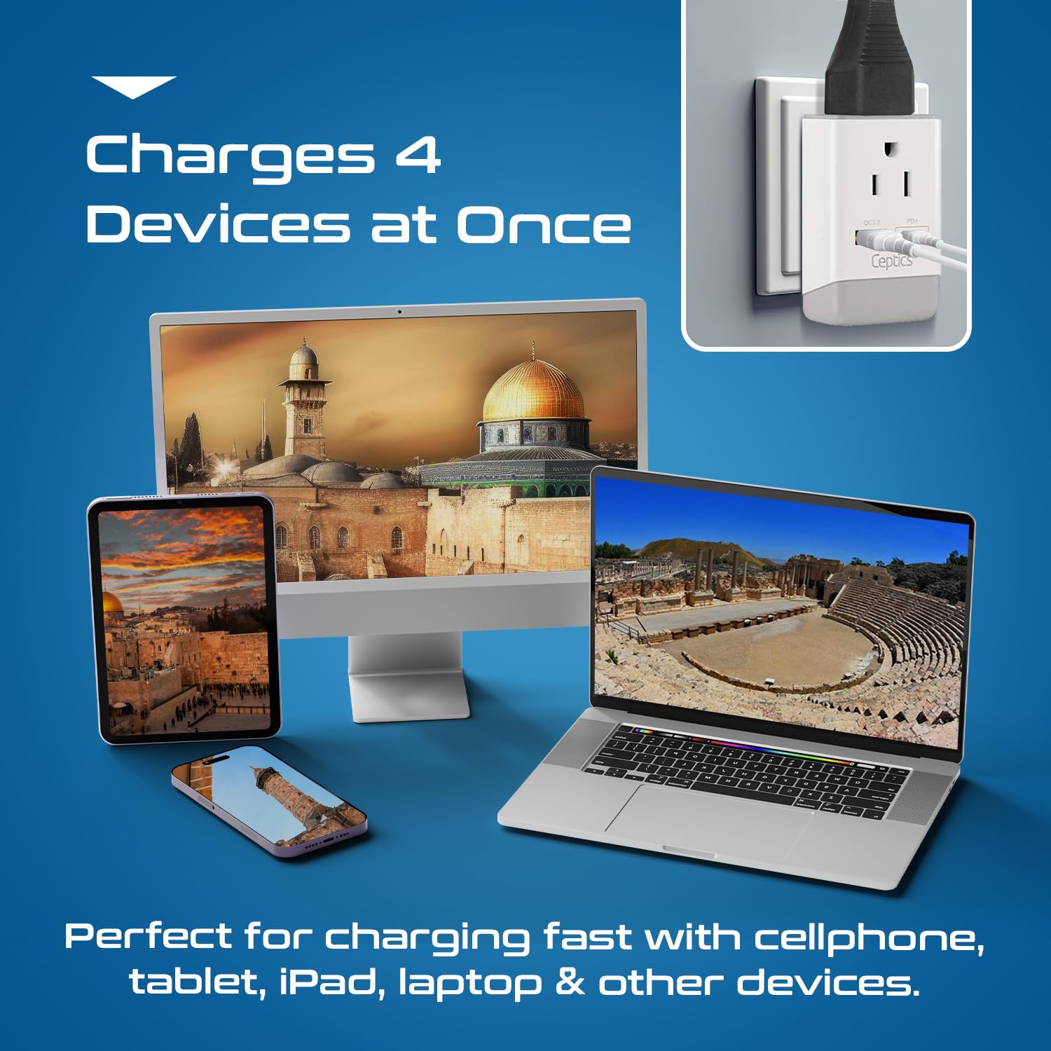 Ceptics Israel Travel Adapter 2 Pack Set, QC 3.0 & PD, Safe Dual USB & USB-C - 2 USA Socket Compact & Powerful - Use in Palestine, Gaza Strip - Type H - AP-14 - Fast Charging (AP-14-2PK)
