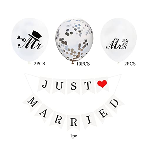 Just Married Car Decorations, JUST MARRIED Banner Wedding Bunting, Mr and Mrs Balloons, White Wedding Balloons, Rustic Wedding Backdrops for reception, Photo Booth Props Bridal Shower Decoration