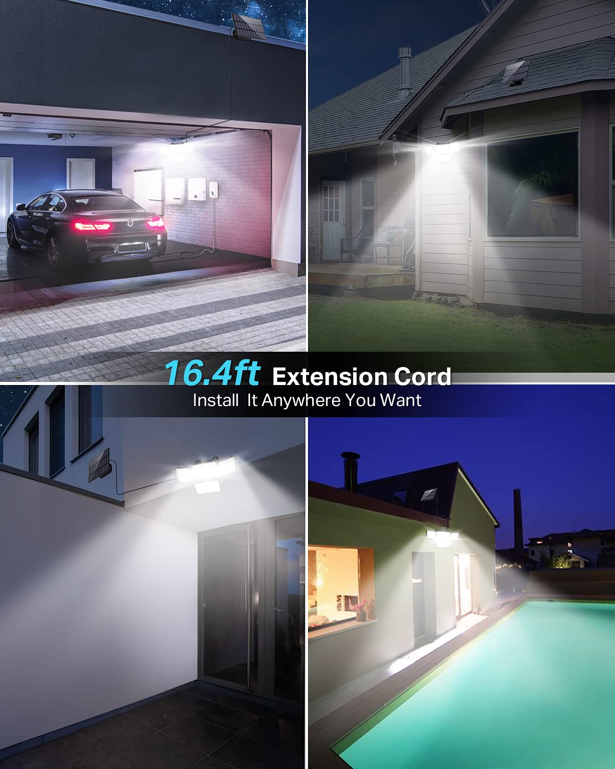 CLAONER Solar Outdoor Lights Motion Sensor 3500LM 288 LED Solar Security Lights with Remote Control IP67 Waterproof 4 Heads Solar Flood Lights with 16.4ft Cable 4 Modes Solar Wall Lights(4 Pack)