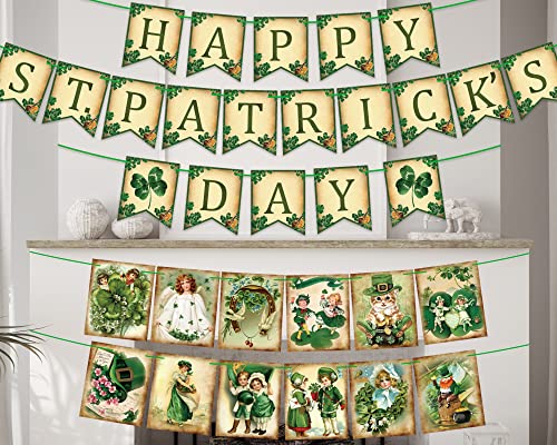 32 Pcs Vintage St. Patrick's Day Banner Irish Party Decorations Green Shamrocks Bunting Garland for Wall Door Fireplace Mantle Decor Supplies Rustic St. Patrick's Day Hanging Bunting Vintage Party Favors