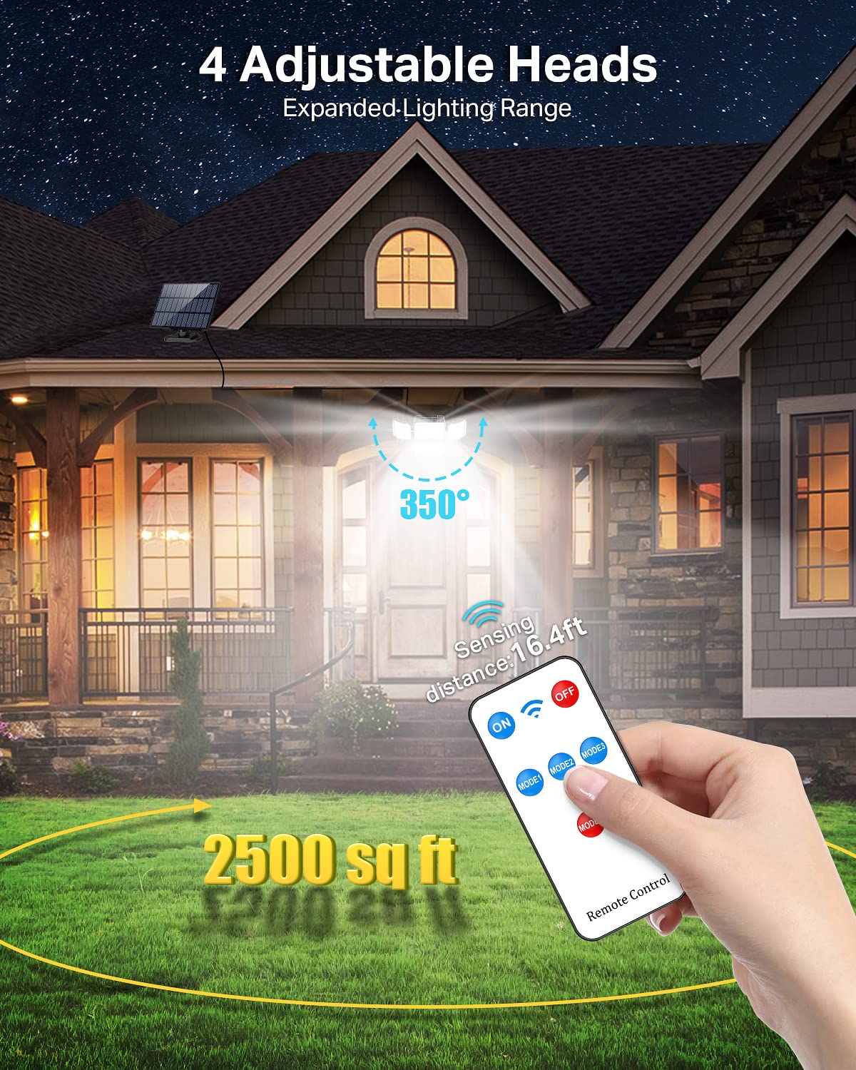 CLAONER Solar Outdoor Lights Motion Sensor 3500LM 288 LED Solar Security Lights with Remote Control IP67 Waterproof 4 Heads Solar Flood Lights with 16.4ft Cable 4 Modes Solar Wall Lights(4 Pack)