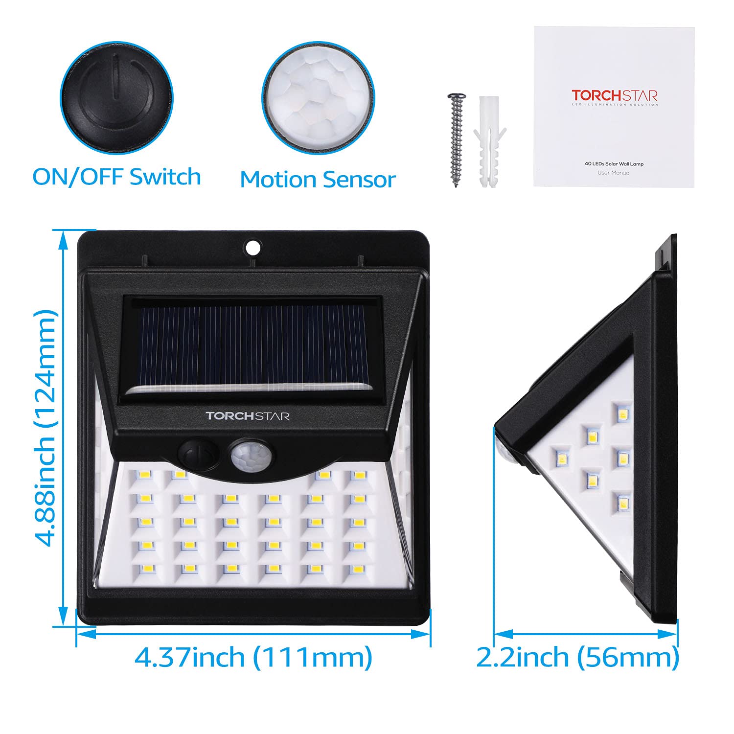 TORCHSTAR 40 LED Solar Lights Outdoor, Waterproof Motion Sensor Light, Cordless Security Lighting for Driveway, Patio, Garage, Porch, 6500K Pure White, Black, Pack of 4