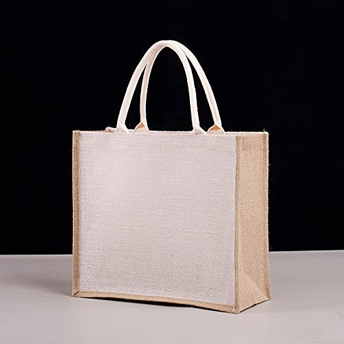 TCOOME Burlap Tote Bag With Sturdy Handle, Reuseable Burlap Jute Tote Bags for Wedding Favors, Daily use(S 14.2x12.6x5.9inch) White Medium
