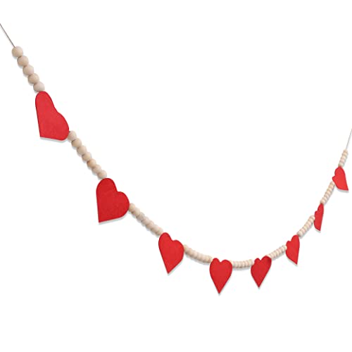 Valentine's Day Wood Bead Garland for Fireplace Mantel - Red Felt Hearts Love Decor Banner Natural Boho Modern Farmhouse Beaded Wall Hanging, Engagement Banner Photo Backdrop