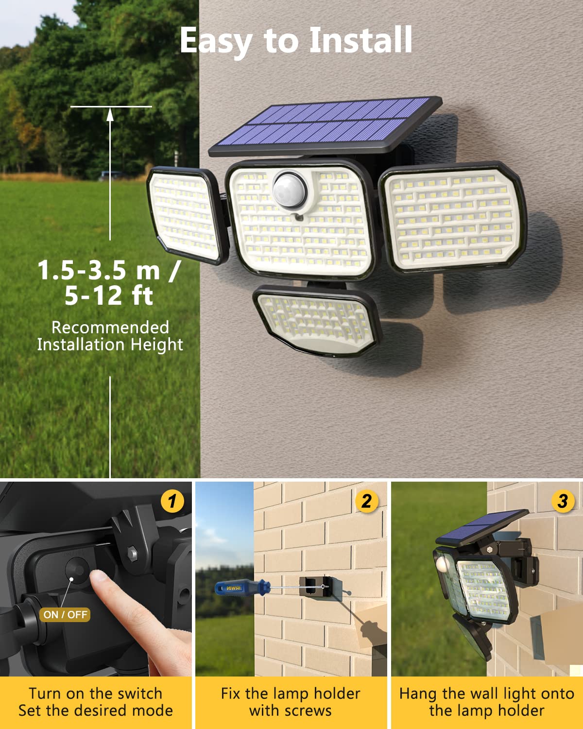 Solar Lights Outdoor Motion Sensor, 286 LED 3000 LM Solar Security Lights with Remote Control, IP65 Waterproof,4 Heads Solar Flood Lights with 3 Modes for Front Door Backyard Garage Deck