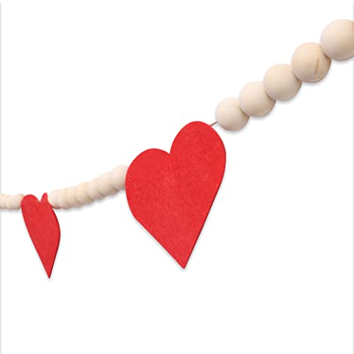 Valentine's Day Wood Bead Garland for Fireplace Mantel - Red Felt Hearts Love Decor Banner Natural Boho Modern Farmhouse Beaded Wall Hanging, Engagement Banner Photo Backdrop