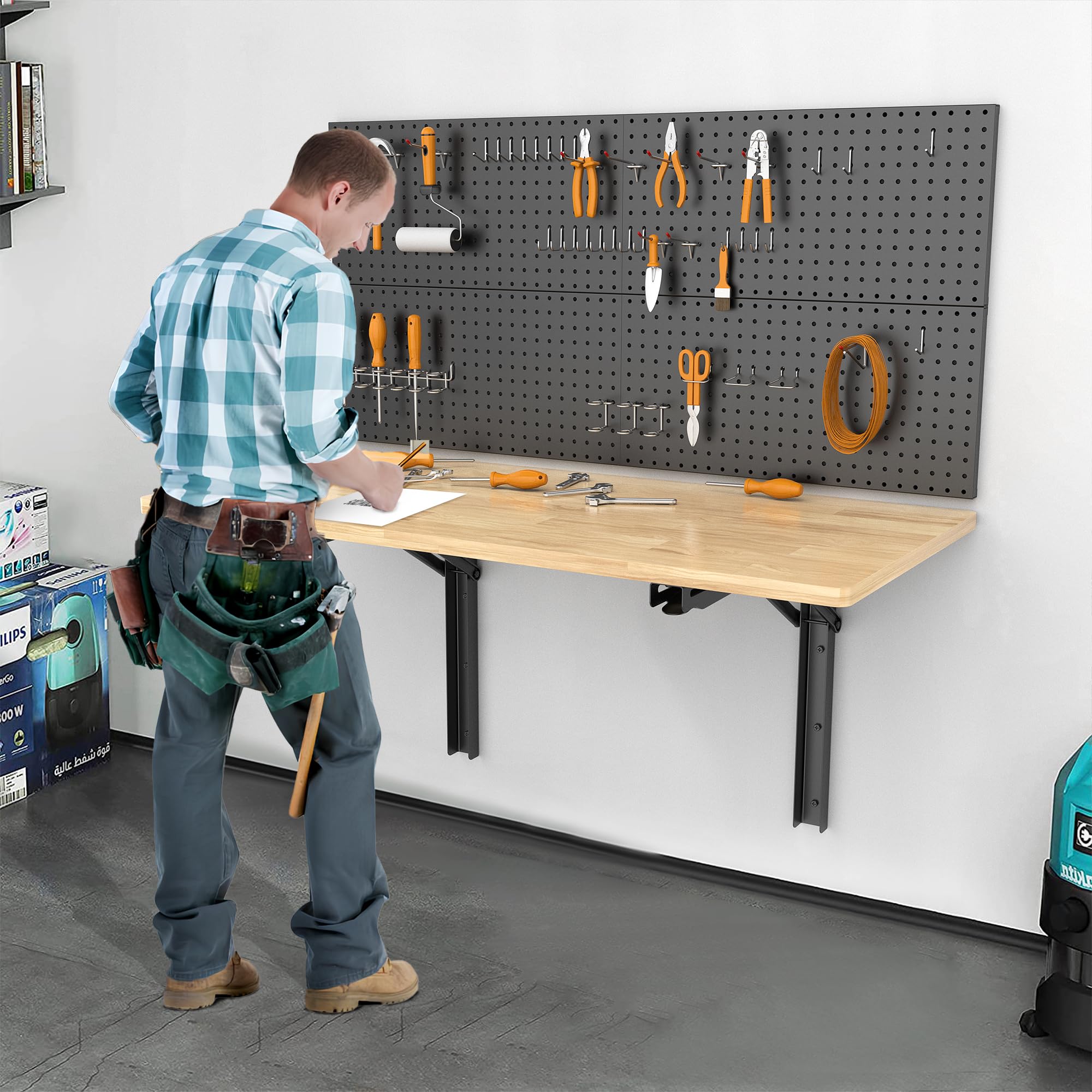 Ultrawall 48" Wall Mounted Folding Workbench, Heavy Duty Foldable Work Table, Collapsible Desk for Workshop, Garage, Office, Home, Holds Up to 550 lb