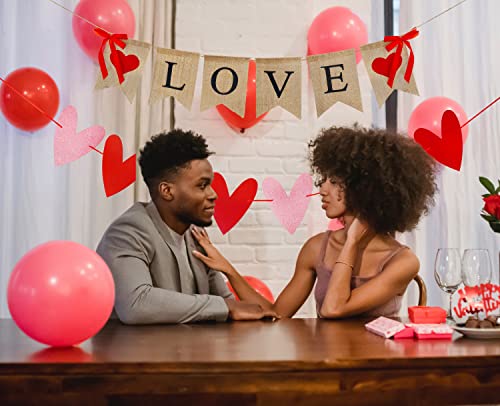 Valentines Day Decor, Love Burlap Banner Valentines Decorations Hanging Heart Garland Rustic Valentine Décor for Home Red Glittery Heart Banner Decor for Mantle Fireplace Wall