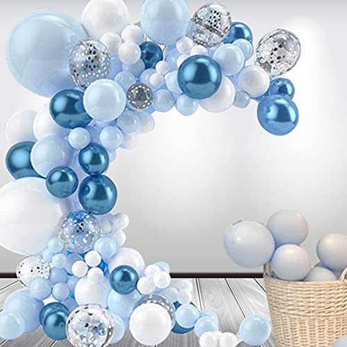 Blue Balloon Garland Arch Kit, 109 Pcs Macaron Blue Confetti & Metallic White Silver Balloons for Baby Shower Boy's Birthday Party Wedding Graduation Decoration Supplies