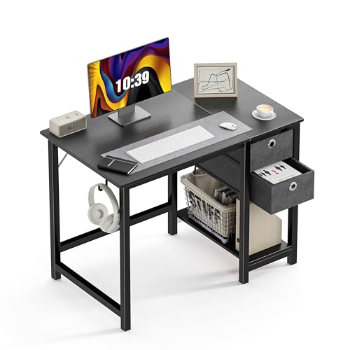 Sweetcrispy Small Computer Desk, 40X24 Inch Office Writing Work Study Gaming PC Table with 2-Tier Drawers Storage Shelf, Side Headphone Hook, Modern Simple Style for Home Bedroom, Black Wood