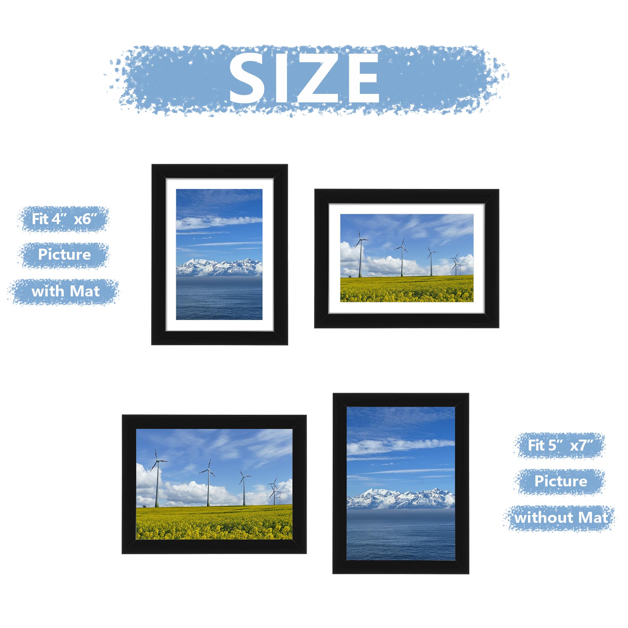Picrit 5x7 Picture Frame Set of 7, Display 5x7 with Mat or 4x6 Without Mat, Photo Frames for Wall Mounting or Table Top Display, Black.