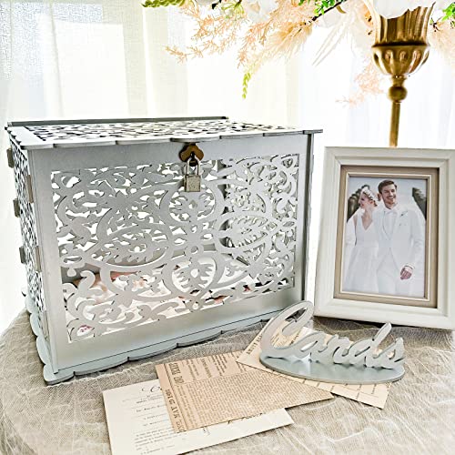 OurWarm Silver Wedding Card Box for Wedding Reception, Wooden Card Boxes with Lock, PVC Gift Card Box Money Holder for Reception Anniversary Shower Rustic Wedding Decorations Birthday Graduation