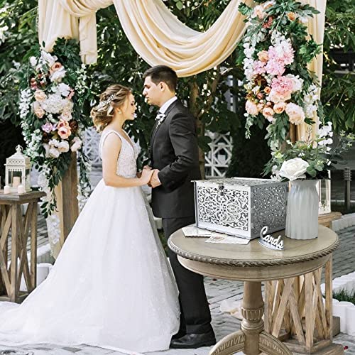 OurWarm Silver Wedding Card Box for Wedding Reception, Wooden Card Boxes with Lock, PVC Gift Card Box Money Holder for Reception Anniversary Shower Rustic Wedding Decorations Birthday Graduation