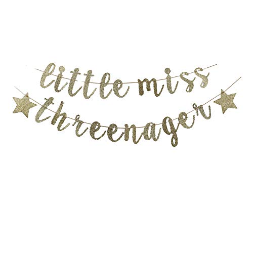 Little Miss Threenager Banner, Fun Gold Sign Garlands for Baby Girl's 3rd Birthday Party Decorations Supplies