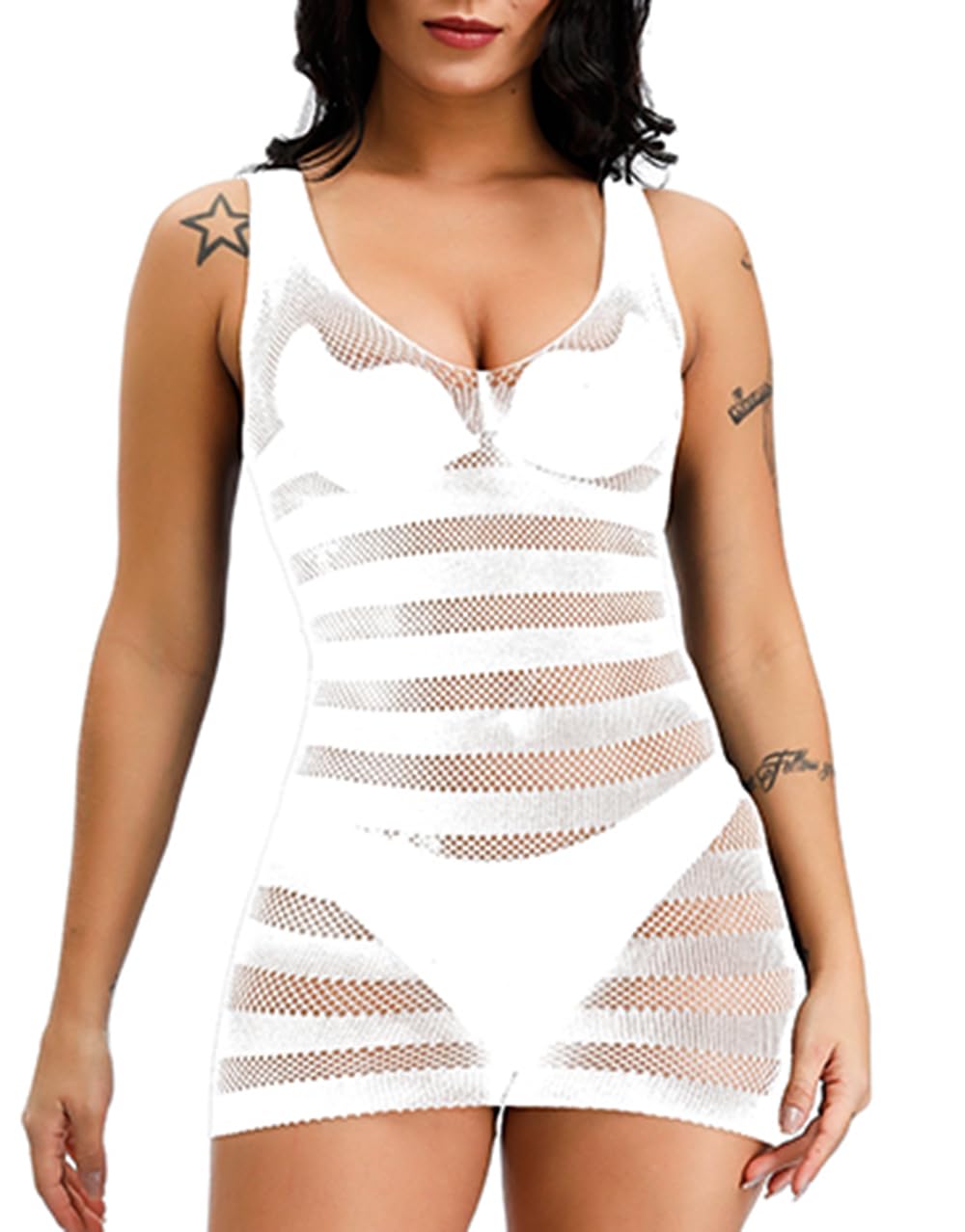 Vorifun Women Fishnet Lingerie V-Neck Sleepwear One Size One Piece Babydoll Mini Dress One Piece (White)