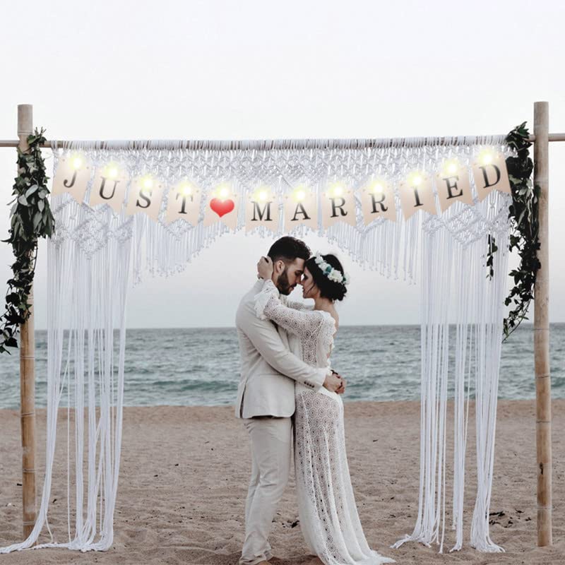 Just Married Banner, Wedding Bunting Banner with 8 Flicker Mode LED Fairy String Light, Hanging Sign Garland Pennant Photo Booth Props for Bridal Shower Wedding Engagement Car Party Decoration