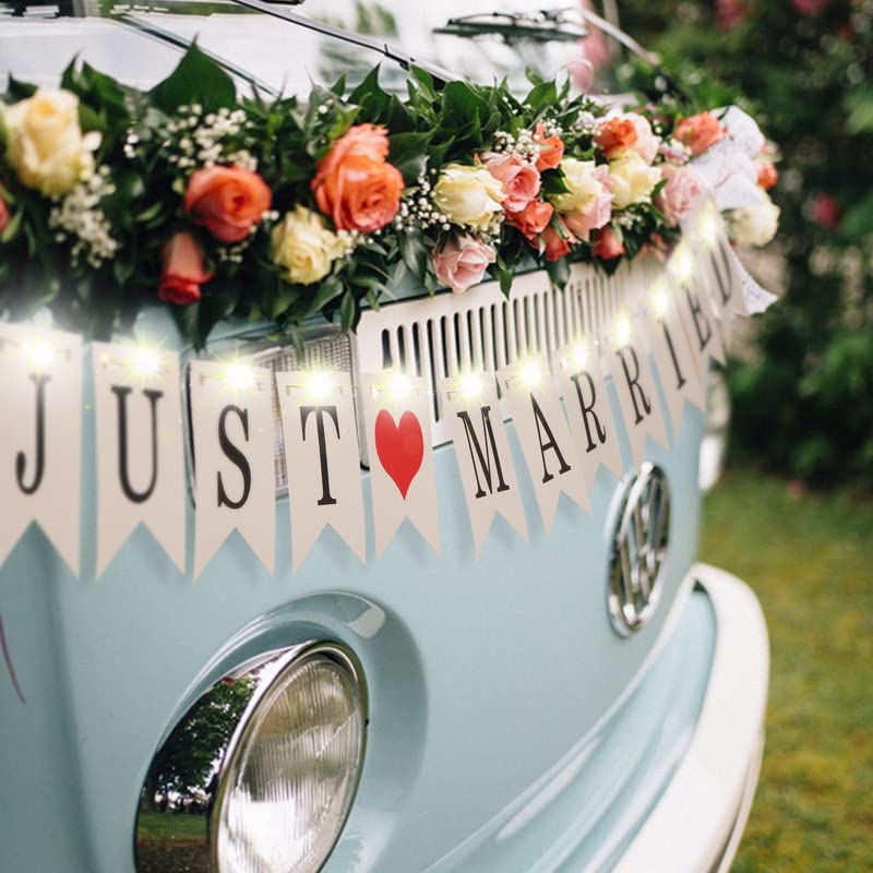 Just Married Banner, Wedding Bunting Banner with 8 Flicker Mode LED Fairy String Light, Hanging Sign Garland Pennant Photo Booth Props for Bridal Shower Wedding Engagement Car Party Decoration