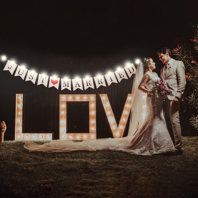Just Married Banner, Wedding Bunting Banner with 8 Flicker Mode LED Fairy String Light, Hanging Sign Garland Pennant Photo Booth Props for Bridal Shower Wedding Engagement Car Party Decoration