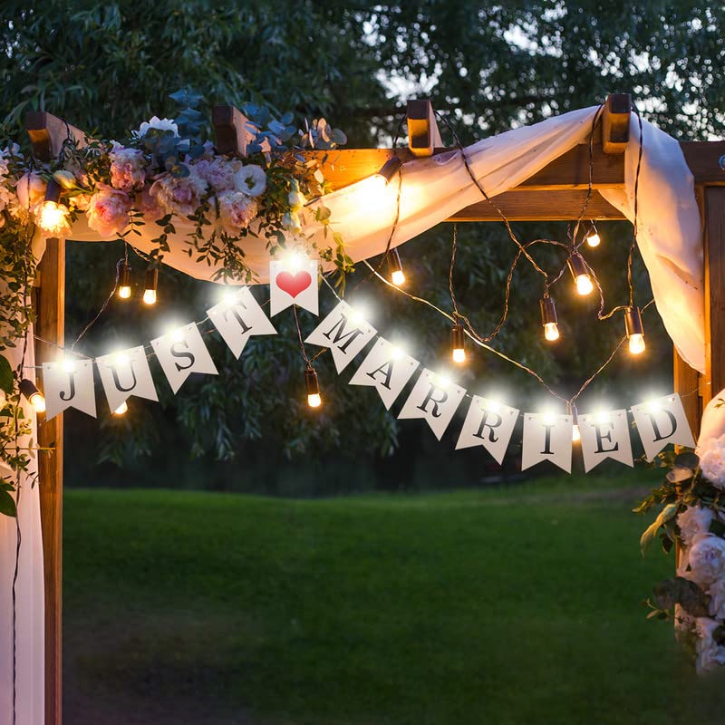 Just Married Banner, Wedding Bunting Banner with 8 Flicker Mode LED Fairy String Light, Hanging Sign Garland Pennant Photo Booth Props for Bridal Shower Wedding Engagement Car Party Decoration