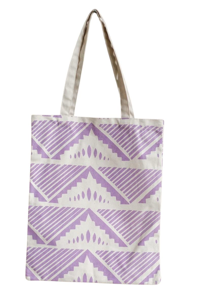 Handprinted Canvas Tote Bag, Reuseable Grocery Shopping Tote with Long Handles, Multipurpose, Sturdy 100% Cotton Canvas Shoulder Bag with Purple Fijian Tapa Print - Tabana Print, Purple