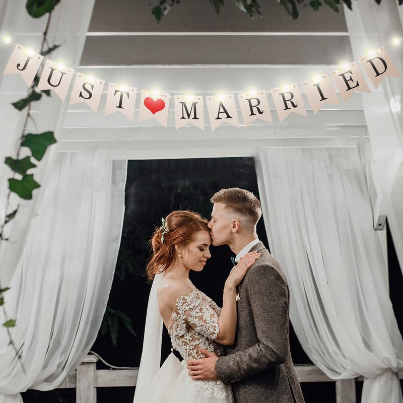 Just Married Banner, Wedding Bunting Banner with 8 Flicker Mode LED Fairy String Light, Hanging Sign Garland Pennant Photo Booth Props for Bridal Shower Wedding Engagement Car Party Decoration