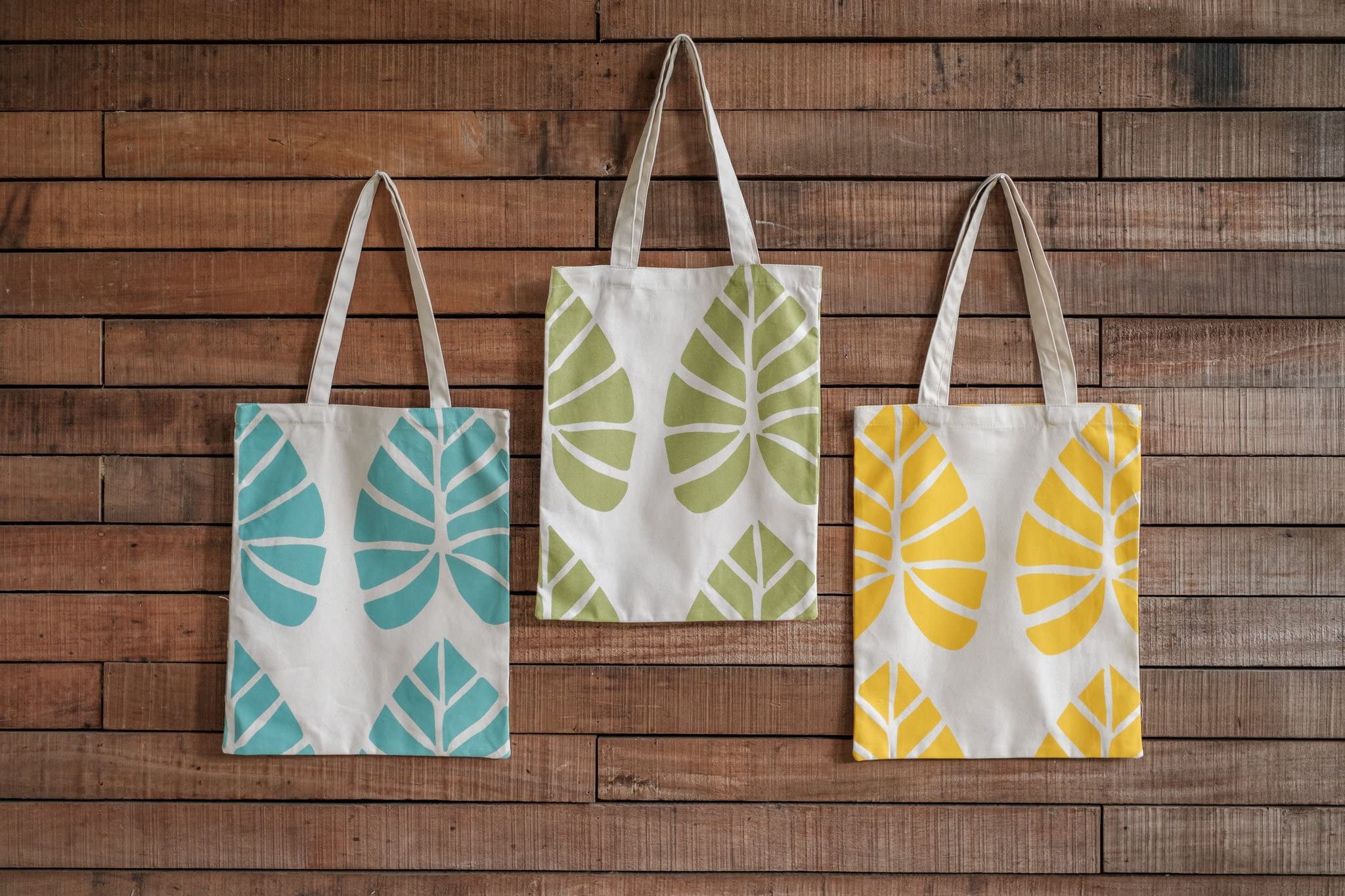 Handprinted Canvas Tote Bag, Reuseable Grocery Shopping Tote with Long Handles, Multipurpose, Sturdy 100% Cotton Canvas Shoulder Bag with Big Tropical Fijian Leaf Print - Via Print, Yellow