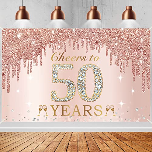 Large Cheers to 50 Years Birthday Decorations for Women, Pink Rose Gold Happy 50th Birthday Banner Backdrop Party Supplies, Fifty Birthday Poster Background Sign Decor