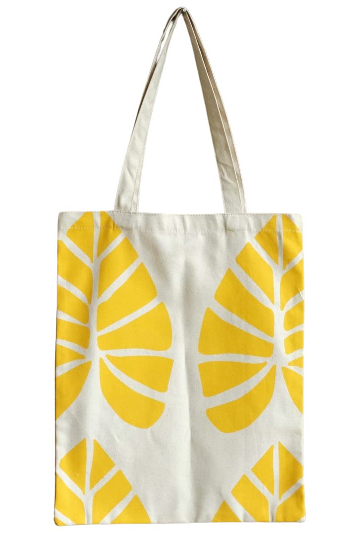 Handprinted Canvas Tote Bag, Reuseable Grocery Shopping Tote with Long Handles, Multipurpose, Sturdy 100% Cotton Canvas Shoulder Bag with Big Tropical Fijian Leaf Print - Via Print, Yellow
