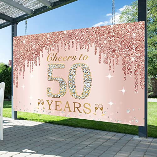 Large Cheers to 50 Years Birthday Decorations for Women, Pink Rose Gold Happy 50th Birthday Banner Backdrop Party Supplies, Fifty Birthday Poster Background Sign Decor