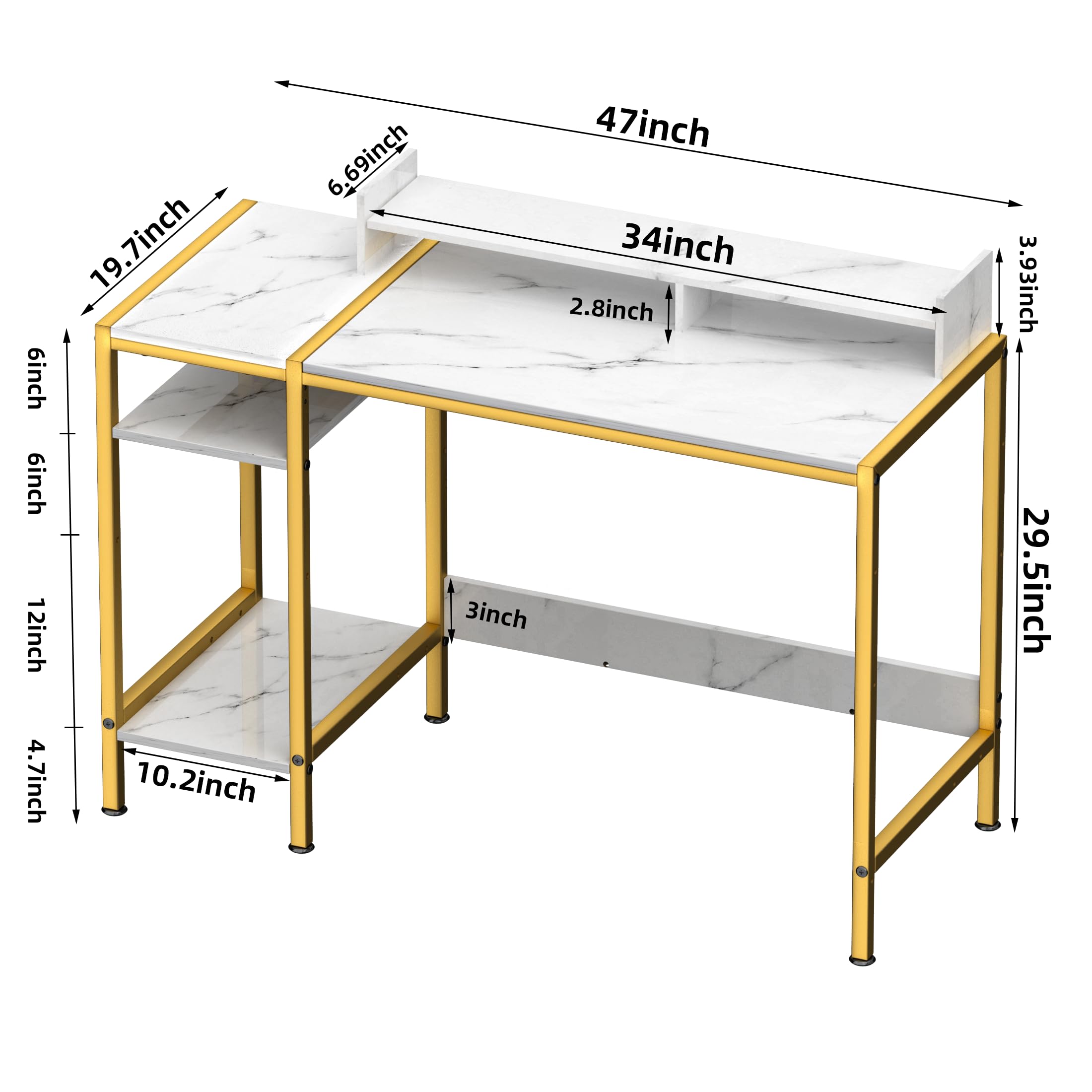 MINOSYS Gaming Desk with Monitor Stand, Storage and Marble Design - Adjustable Home Office Writing Desk