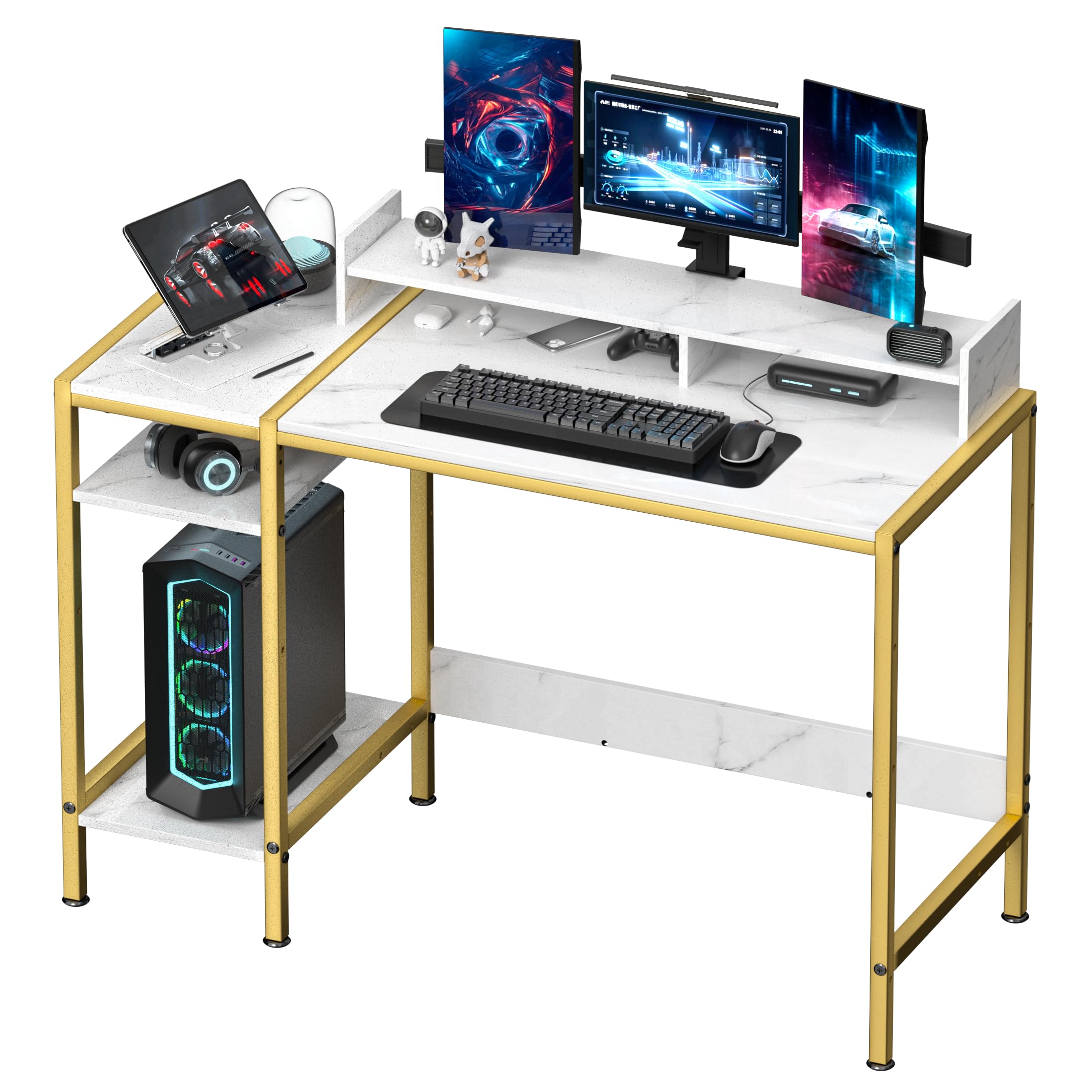 MINOSYS Gaming Desk with Monitor Stand, Storage and Marble Design - Adjustable Home Office Writing Desk