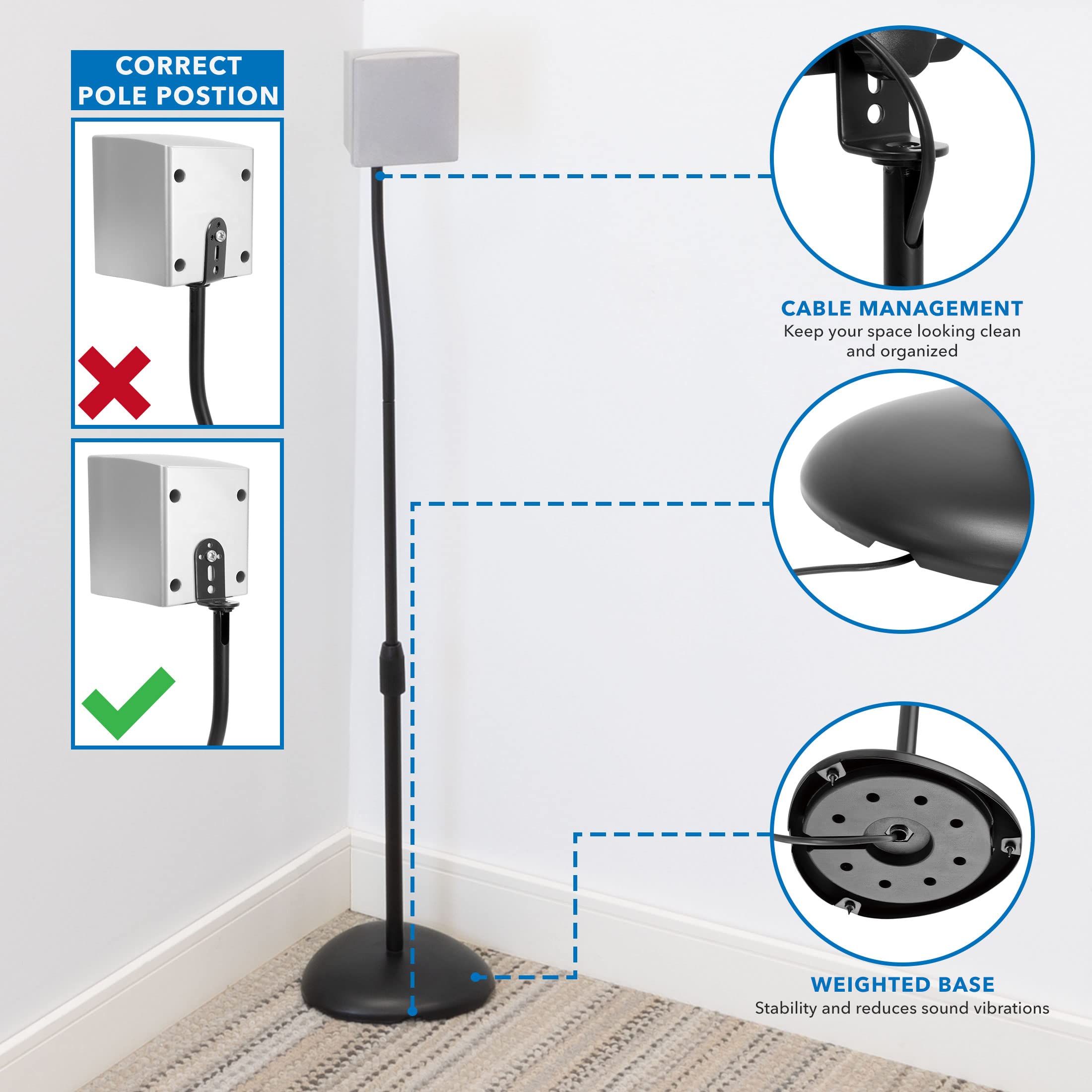 Mount-It! Universal Speaker Stands, Adjustable Height 30 to 40.8 Inches, Surround Sound Speaker Stands for Satellite and Bookshelf Speakers, Heavy-Duty Construction, Supports 10 lbs Each (1 Pair)