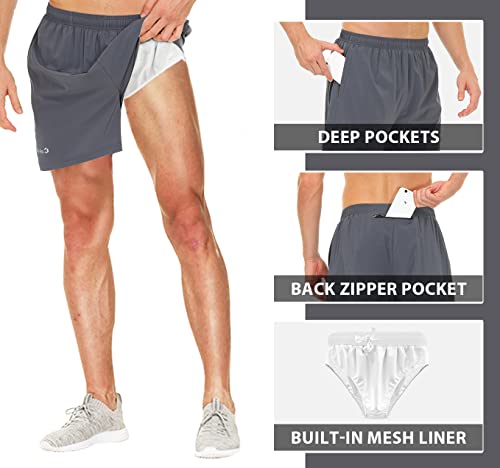 Cakulo Men's 5 Inch Running Tennis Shorts Quick Dry Athletic Workout Active Gym Training Soccer Shorts with Pockets Liner Grey S