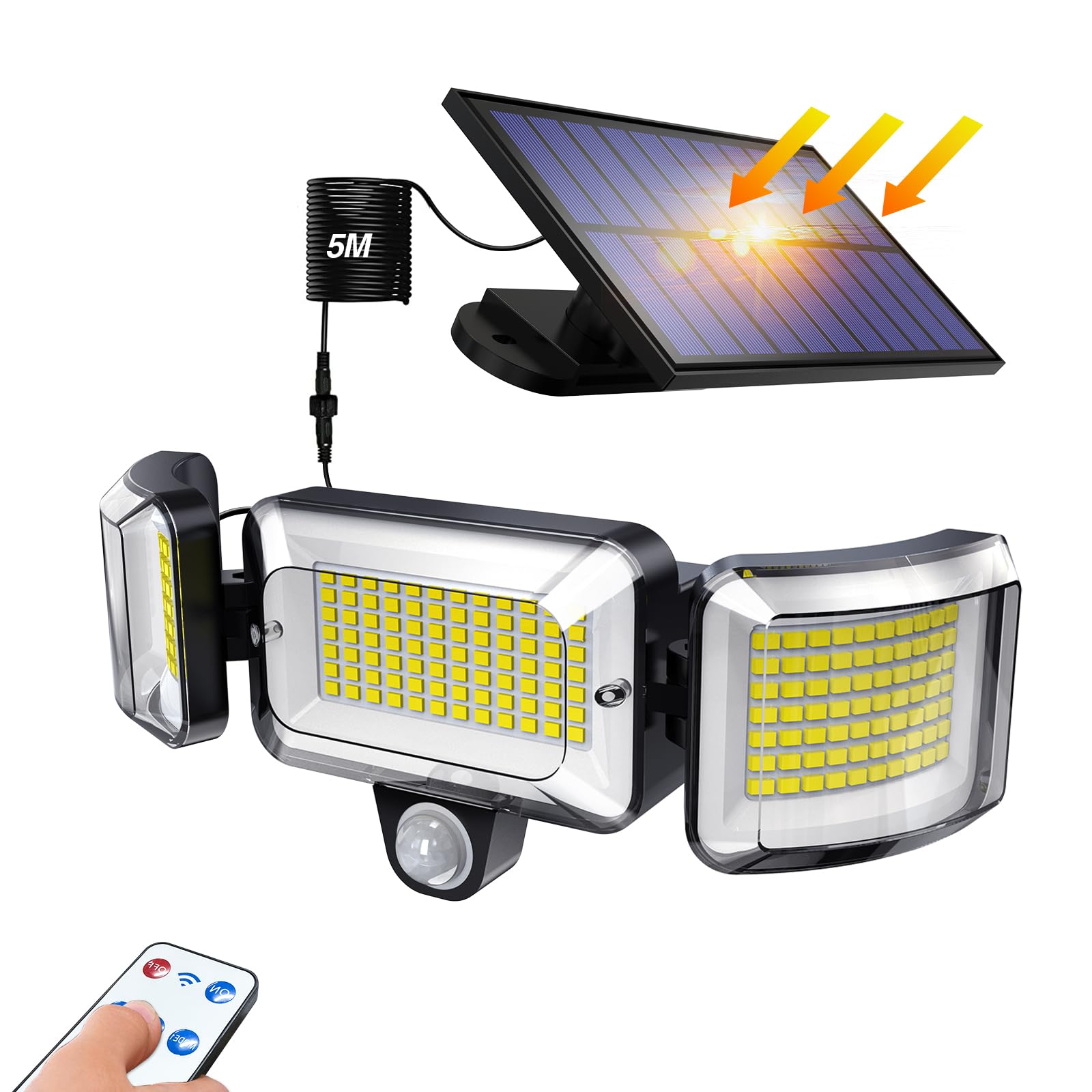 OOTDAY Solar Lights Outdoor, 224 LED Motion Sensor Security Lights, 3 Modes Solar Wall Lights, 3 Heads Security Flood Lights with Remote Control, IP65 Waterproof, for Outside Garden Patio Yard
