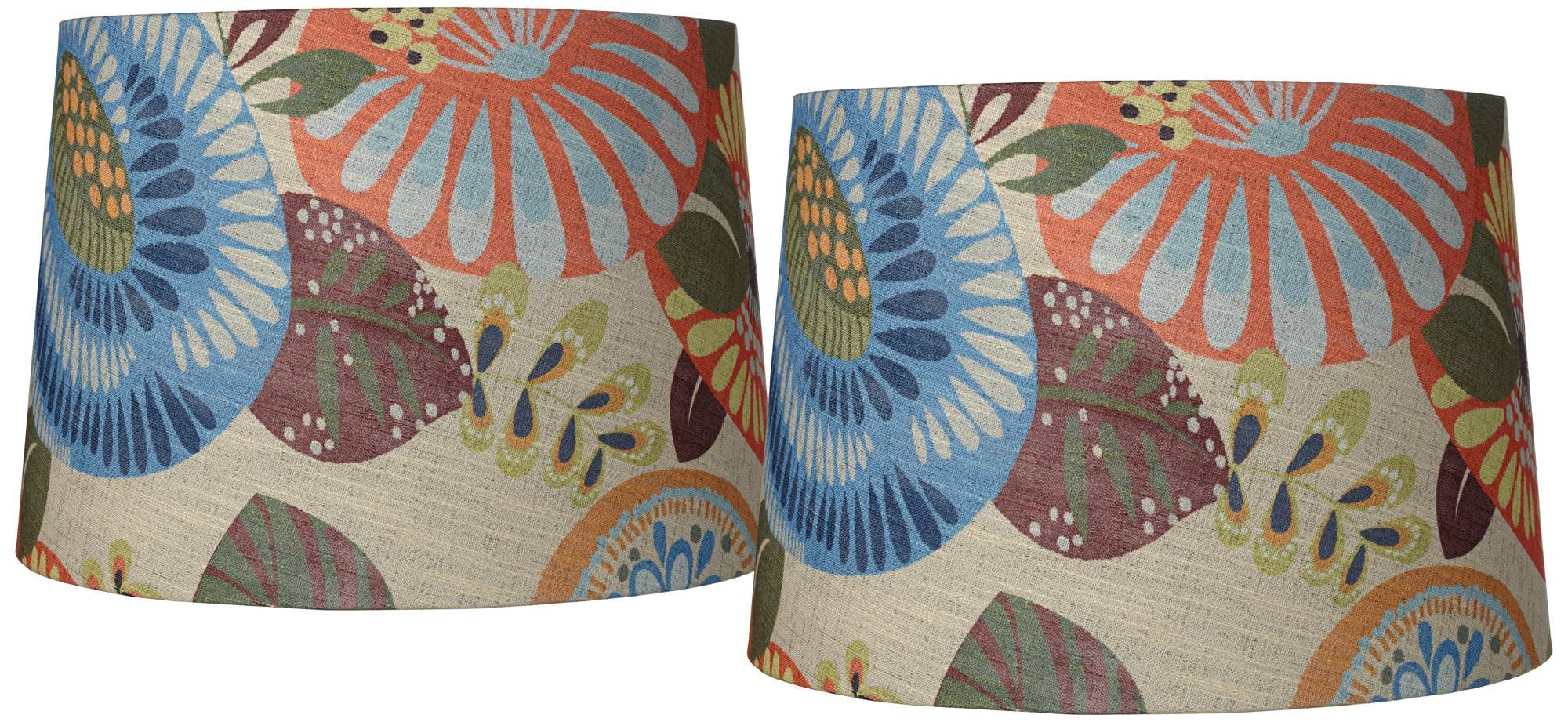 Set of 2 Tapered Drum Lamp Shades Multi Color Tropic Abstract Floral Medium 14" Top x 16" Bottom x 11" Slant Spider with Replacement Harp and Finial Fitting - Springcrest