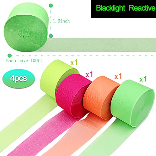 400Ft Glow in The Dark Party Decorations Neon Crepe Paper Streamers Blacklight Party Streamer Decorations Backdrop Decorations for Holiday Birthday Fiesta Party