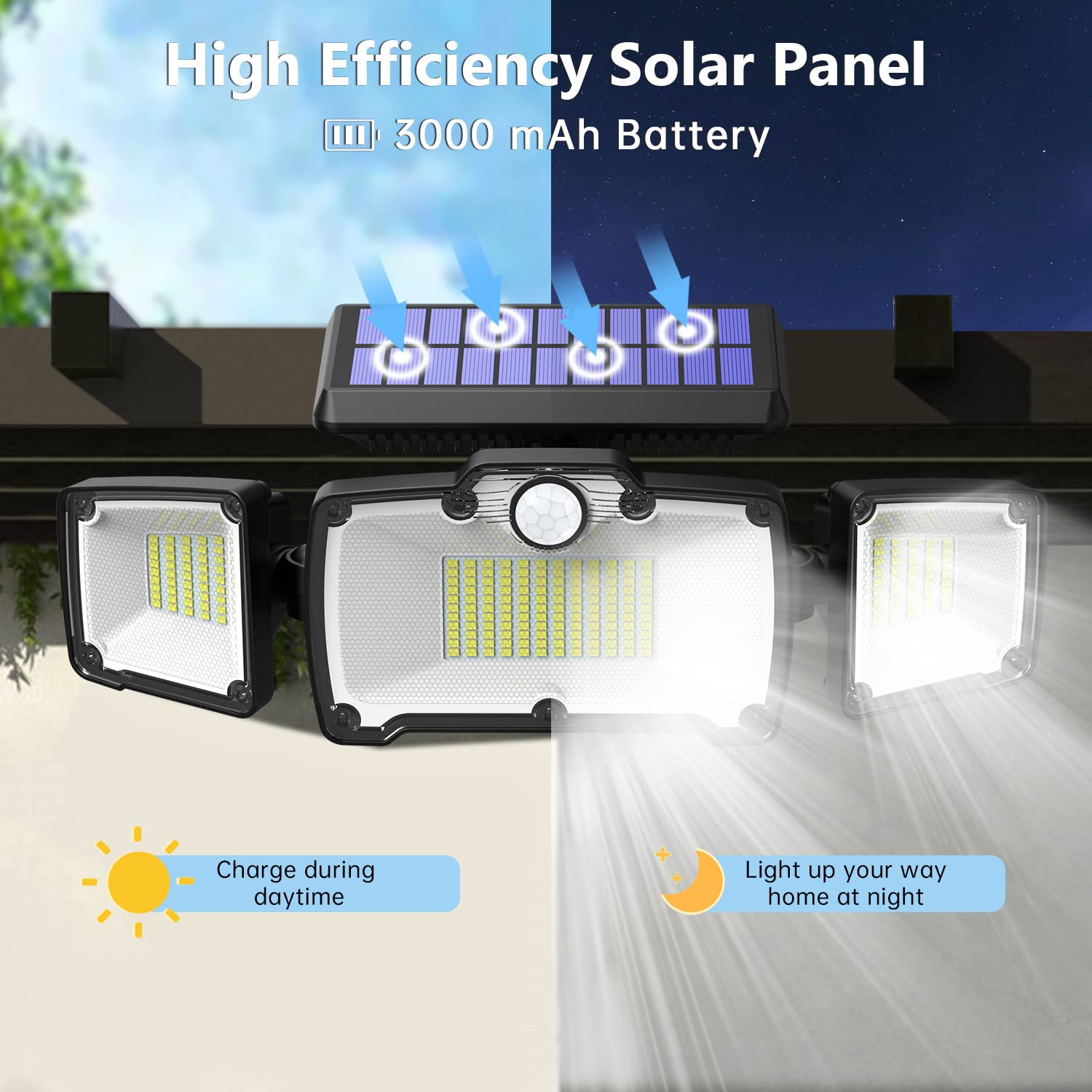 BAILABA Solar Outdoor Lights, 218 LED 2800LM Flood Lights with Remote Control, 3 Heads Solar Security Outdoor Lights, IP67 Waterproof, 270° Wide Angle Illumination Motion Sensor Lights with 3 Modes