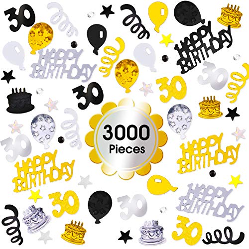 3000 Pieces 30th Happy Birthday Confetti Number 30 Birthday Cake Confetti Metallic Foil Balloon Confetti Table Scatters Decorations for Birthday Party Anniversary Wedding (Gold, Silver and Black)