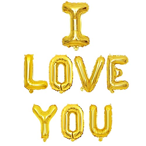 16 Inch I LOVE YOU Letters Foil Balloons for Valentines Day Propose Marriage Wedding Party Wedding Décor Mother's Day Father's Day Anniversary Backdrop & Birthday Party Supplies for her girlfriend (gold)