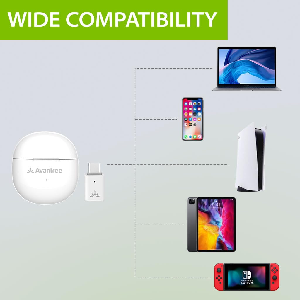 Avantree Reverb - Wireless Earbuds for PC, PS5, PS4, Computer, Laptop, Gaming with USB C Adapter Dongle, Noise Cancelling Mic & aptX Voice Bluetooth Headset for Clear Calls, aptX Adaptive Low Latency