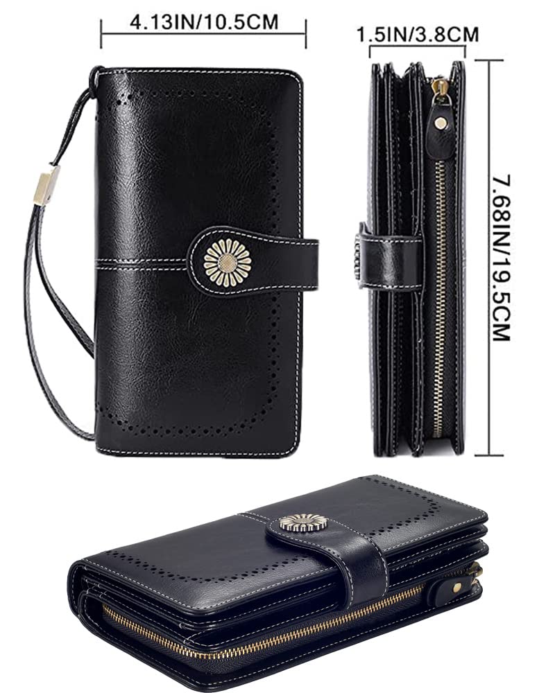 UMODE Large Capacity RFID Blocking Genuine Leather Wallets for Women with Wristlet Trifold Ladies Billfold with Zipper